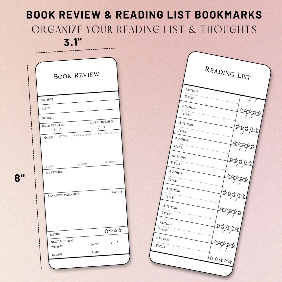 Book Review & Reading List Bookmark Set – Printable Book Club Companion ...