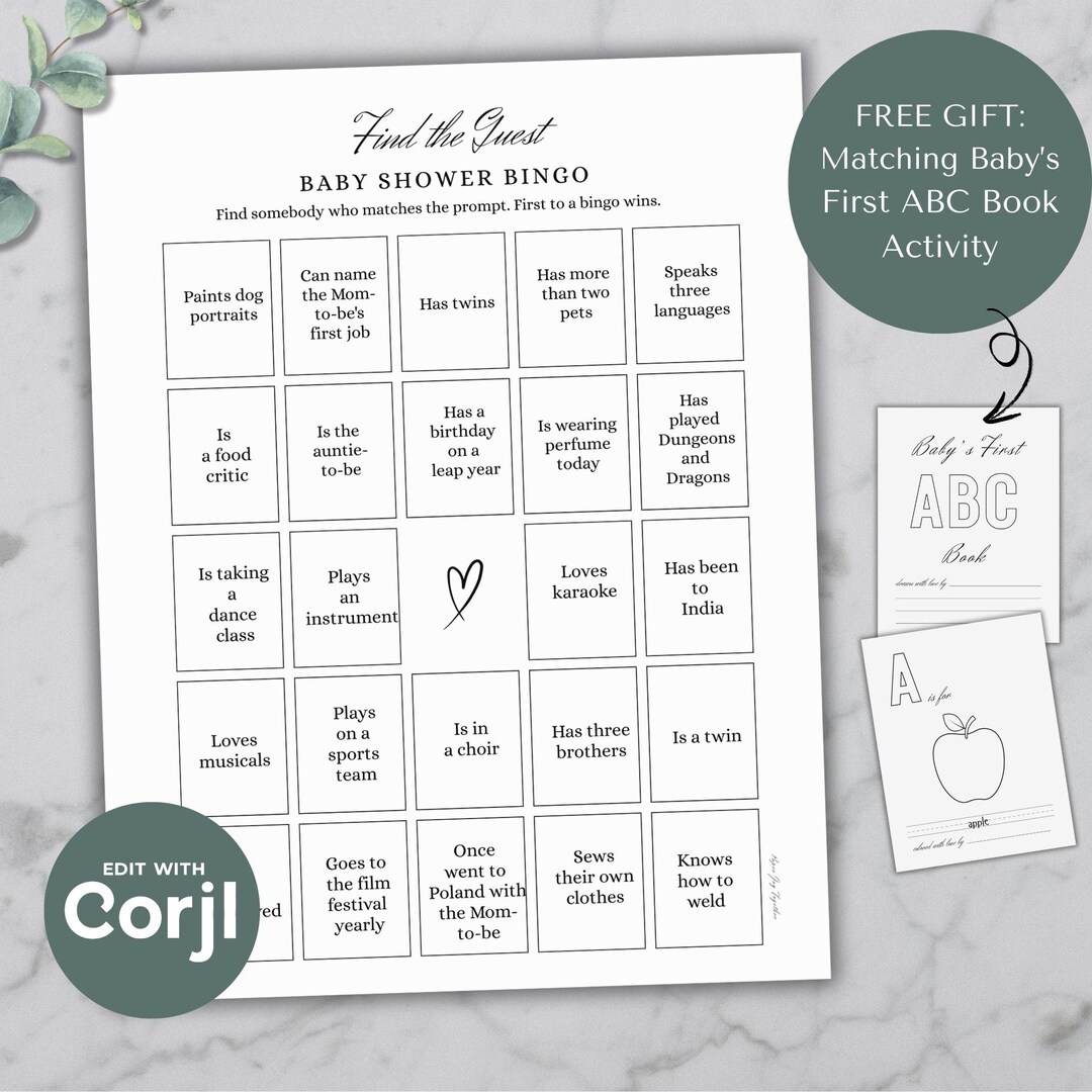 Editable Find the Guest Baby Shower Bingo | Free ABC Book |baby Shower ...