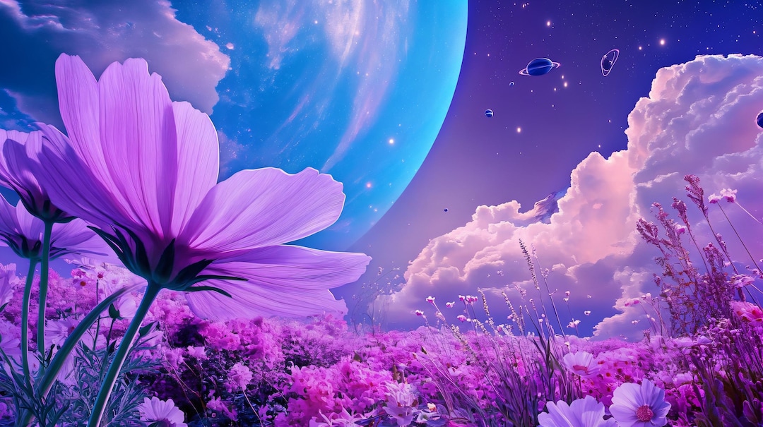 Flowers and Planets Pastel 2K Image + Bonus Coloring Page (download) AI ...