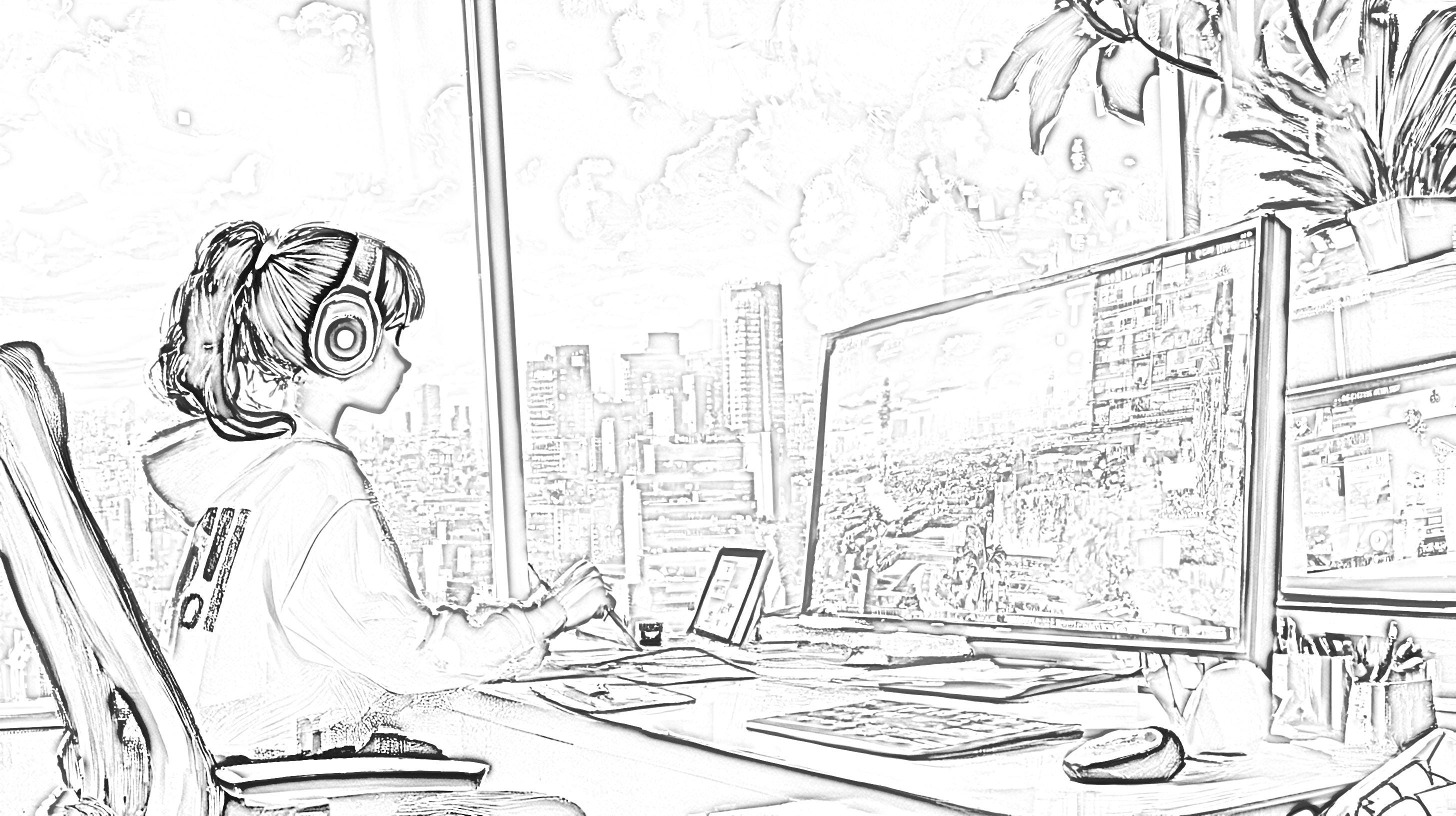 Lofi Study Buddy 2K Image + Bonus Coloring Page (download) AI Fantasy ...