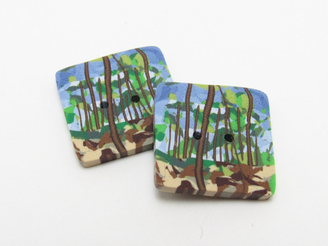 Forest Scene Buttons, Pine Tree Landscape, Green Blue Brown, Polymer ...