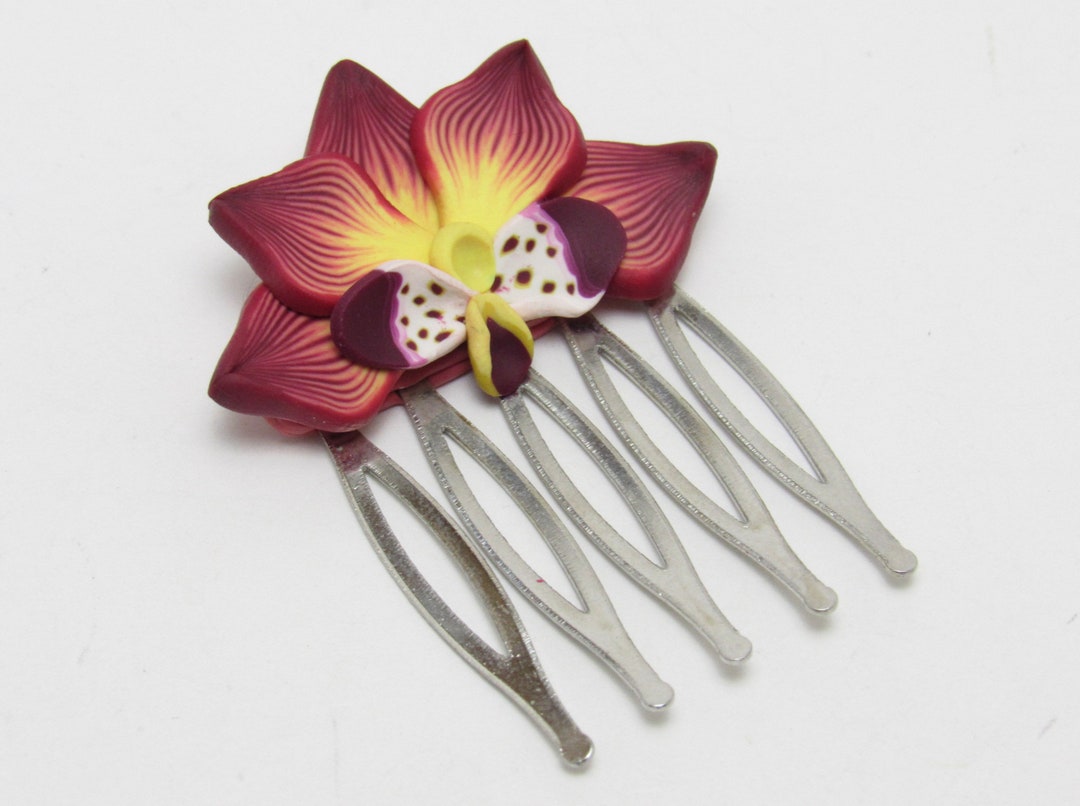Moth Orchid Hair Comb, Burgundy & Yellow, Flower Barrette, Floral ...