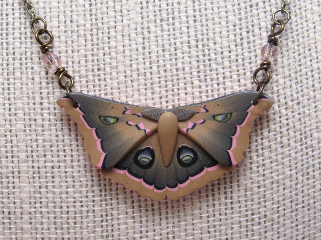 Polyphemus Moth Pendant, Beaded Necklace, Brown Black Pink, Polymer ...