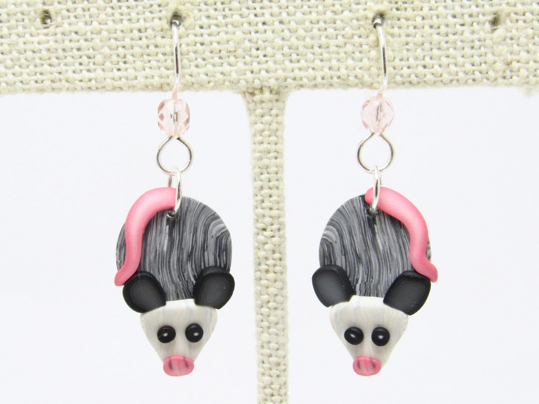 Possum Dangle Earrings, Gray & White, Polymer Clay, Cute Miniature ...