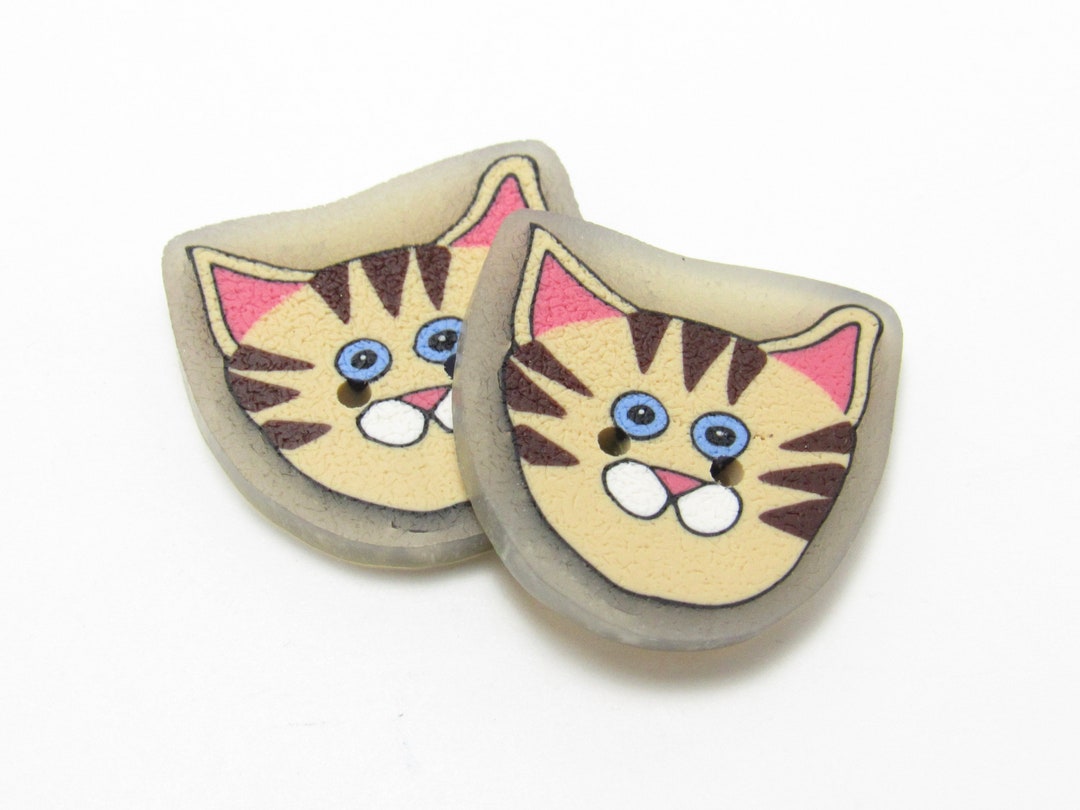 Tabby Cat Buttons, Brown Beige, Polymer Clay, Handmade Sewing Supply ...