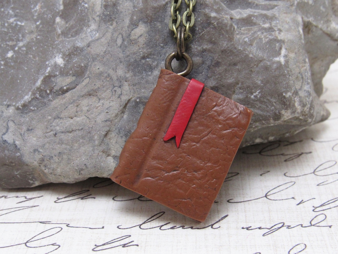 Book Pendant Necklace, Brown & Red, Polymer Clay, Bookworm Jewelry ...