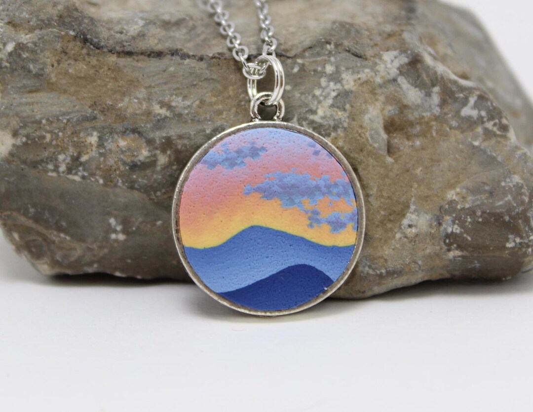 Mountain Sunset Necklace, Landscape Scene Pendant, Blue Pink Yellow ...