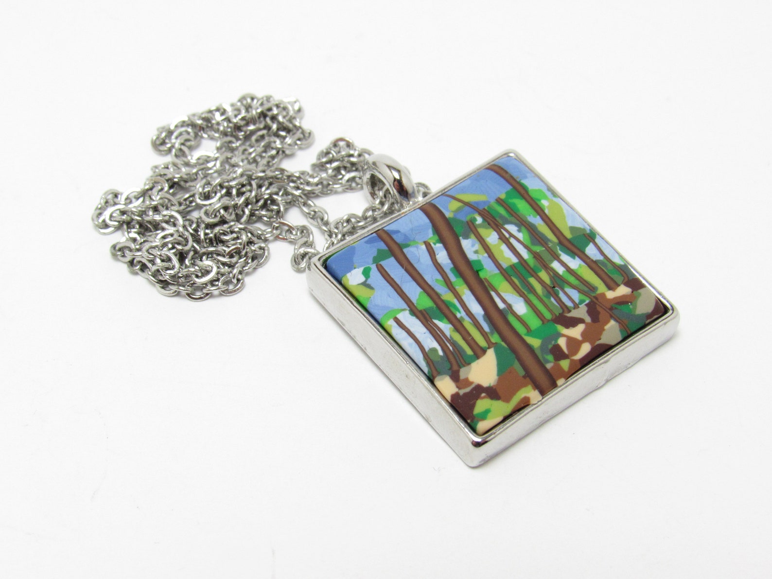 Forest Scene Necklace Tree Landscape Pendant Blue Green | Etsy