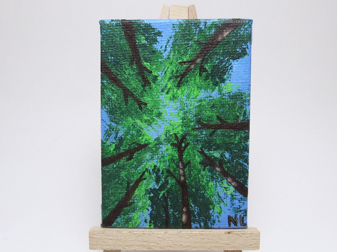 Mini Tree Painting, Redwoods From Below, Forest Landscape, Blue & Green ...