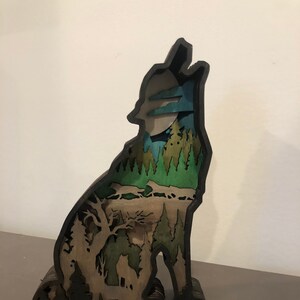 3D Stained Wood Howling Wolf Scene With Mountain, Trees and Moon Nested ...
