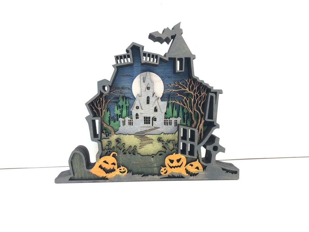 3D Stained Wood Haunted House With Halloween Scene Nested in a Multi ...
