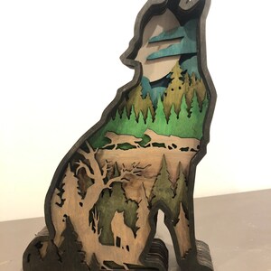3D Stained Wood Howling Wolf Scene With Mountain, Trees and Moon Nested ...