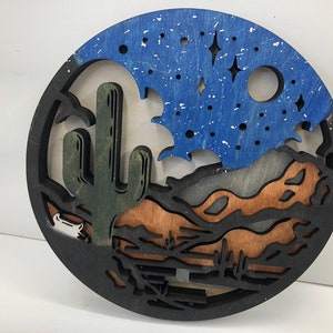 3D Stained Wood Round Desert Cactus Home Decor Sign Multi Layered Wood ...