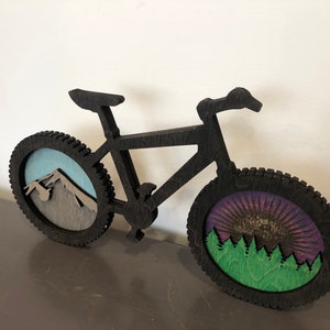 3D Stained Wood Mountain Bike Scene With Mountain, Trees and Sun Nested ...