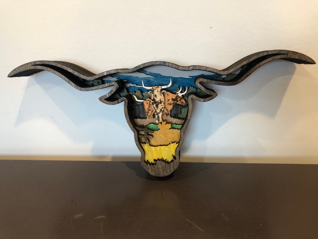 3D Stained Wood Longhorn Scene With Open Range & Longhorns - Etsy