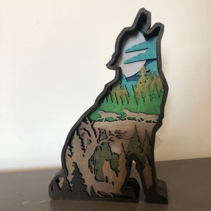 3D Stained Wood Howling Wolf Scene With Mountain, Trees and Moon Nested ...