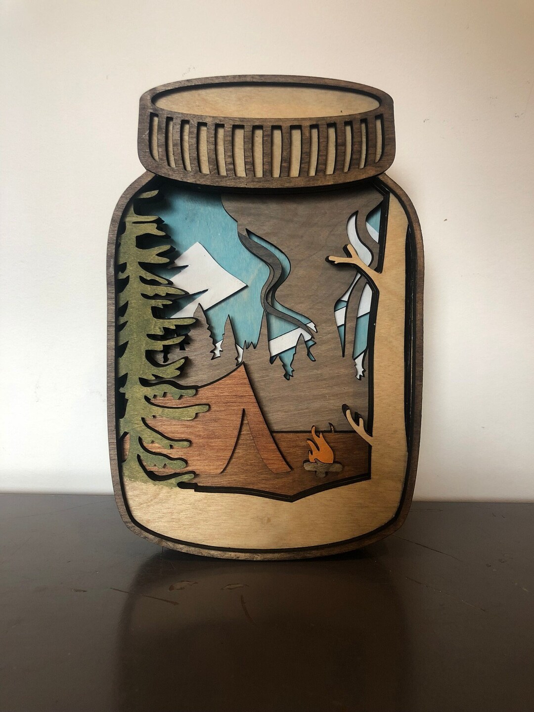 3D Stained Wood Jar Scene With Trees Mountain and Camping - Etsy