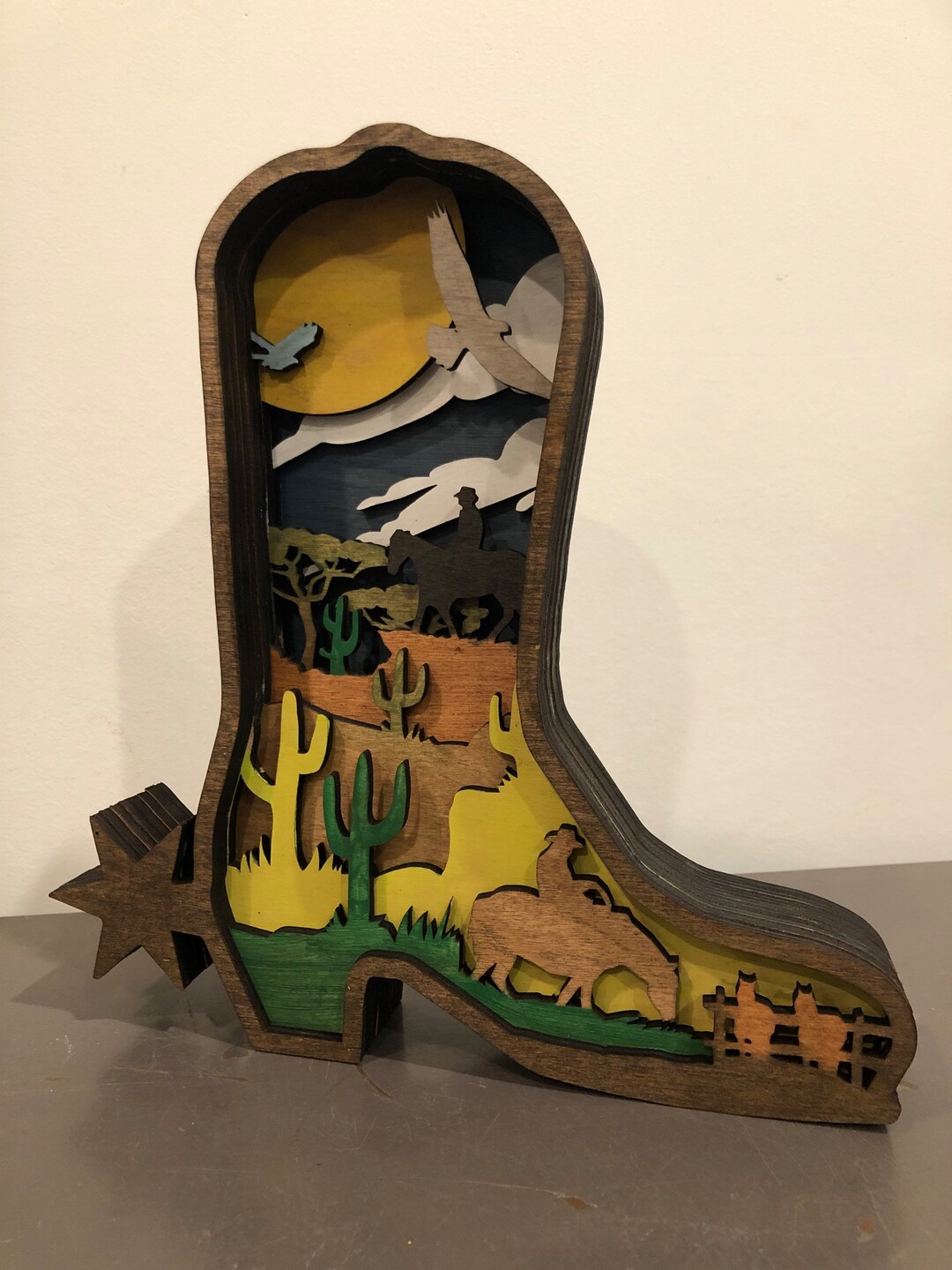3D Stained Wood Cowboy, Horses Boot Scene With Cowboy, Trees and Birds ...