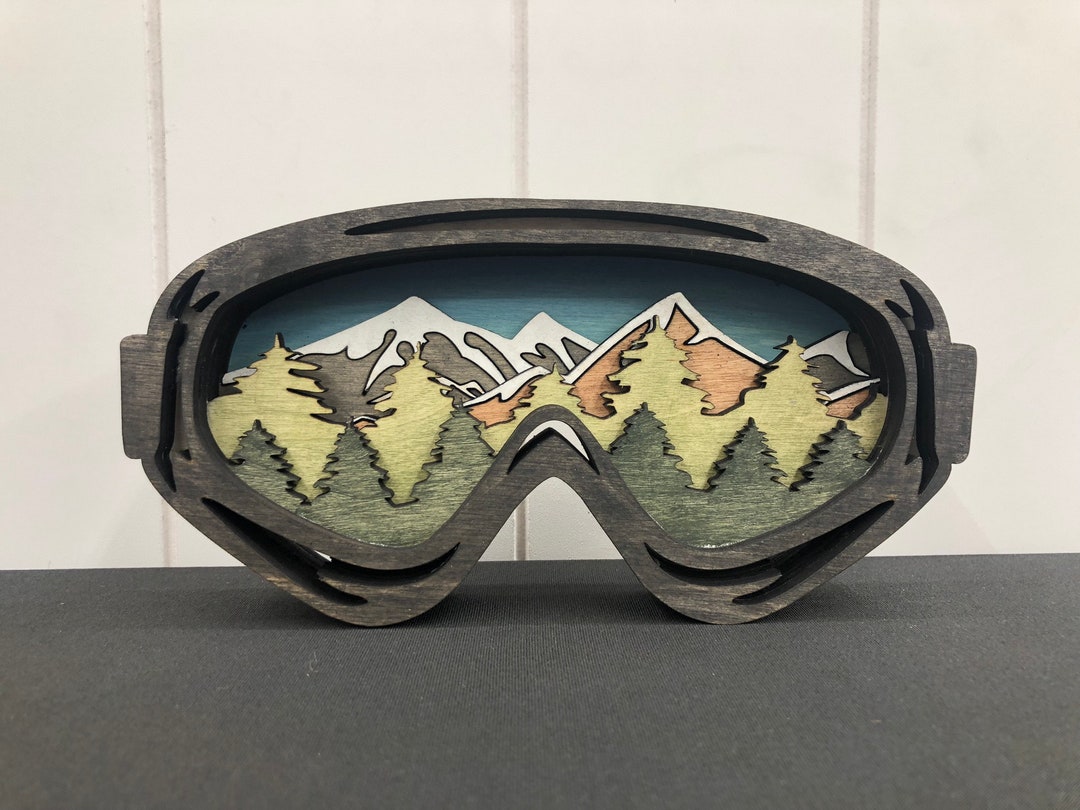 3D Stained Wood Snow Goggle Mountain Scene With Snowboarder Nested in a ...