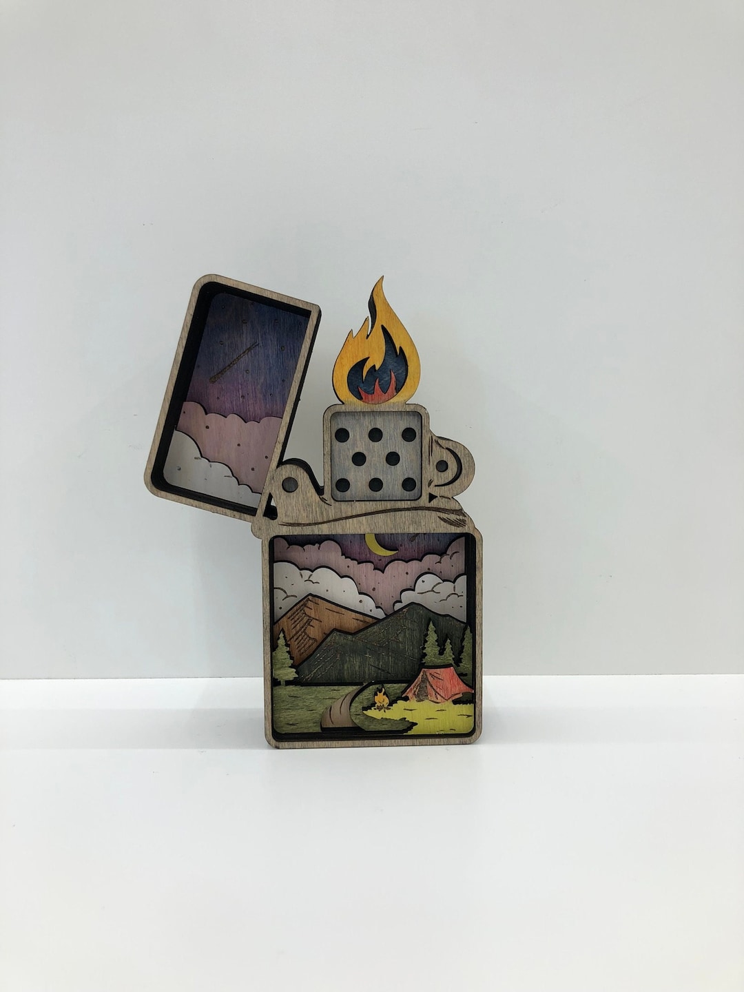 3D Stained Wood Lighter With Night Time Mountain Camping Scene Nested ...