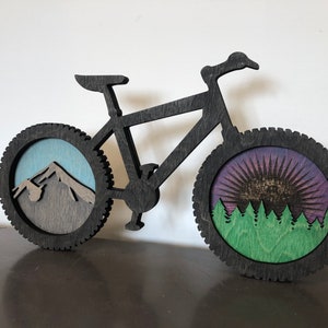 3D Stained Wood Mountain Bike Scene With Mountain, Trees and Sun Nested ...