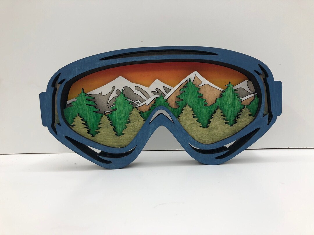 3D Stained Wood Snow Goggle Mountain Scene With Snowboarder Nested in a ...