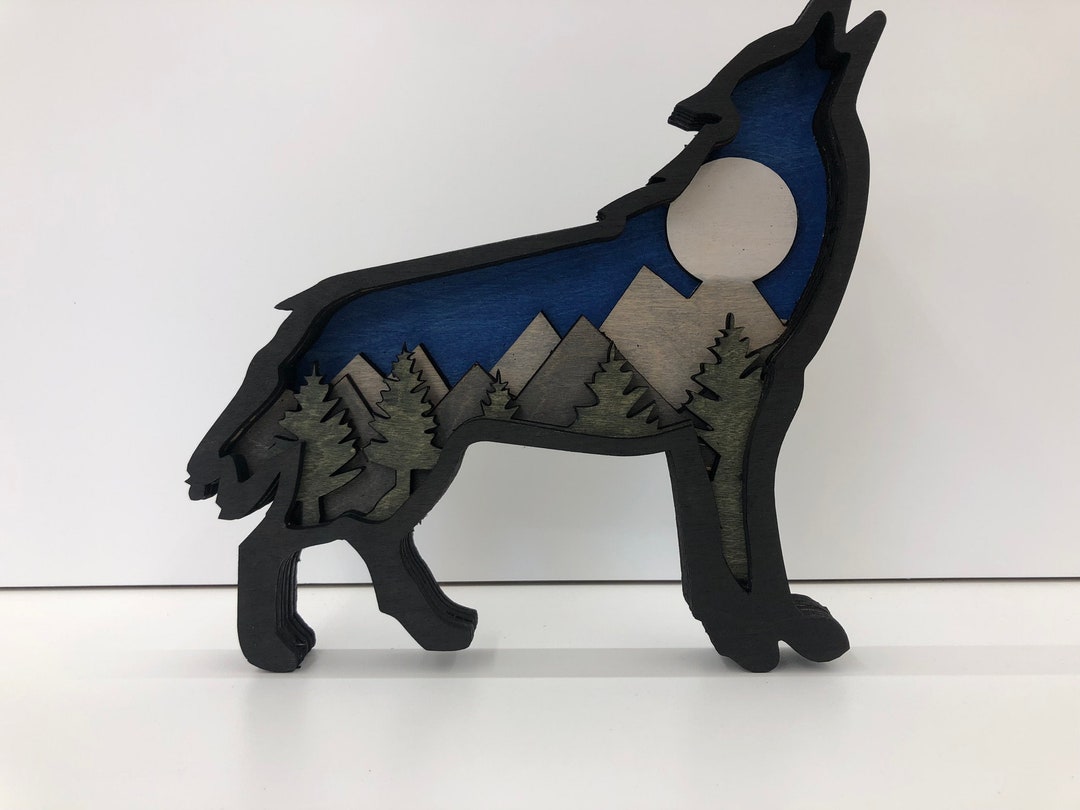 3D Stained Wood Wolf Scene Mountains, Moon and Layered Trees Nested in ...