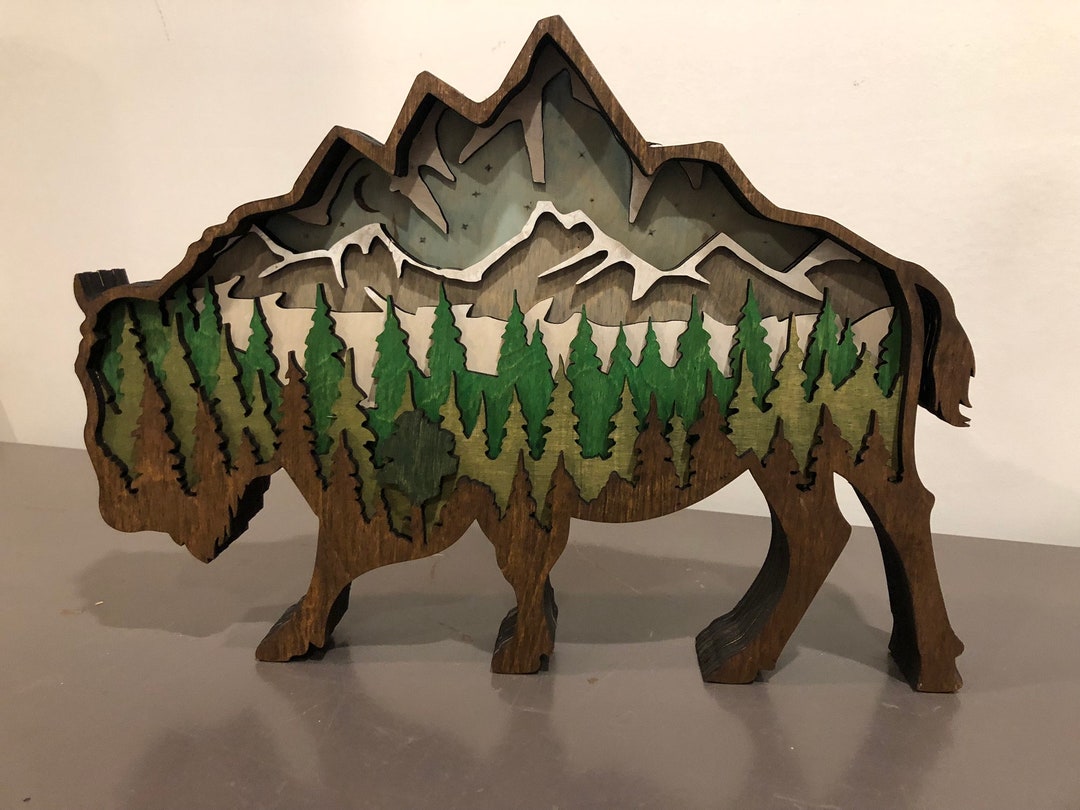 3D Stained Wood Bison Scene Mountains, Trees and Sky Nested in a Multi ...
