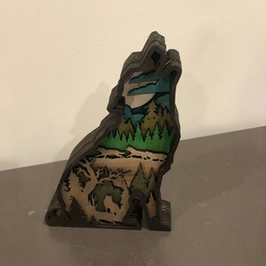 3D Stained Wood Howling Wolf Scene With Mountain, Trees and Moon Nested ...