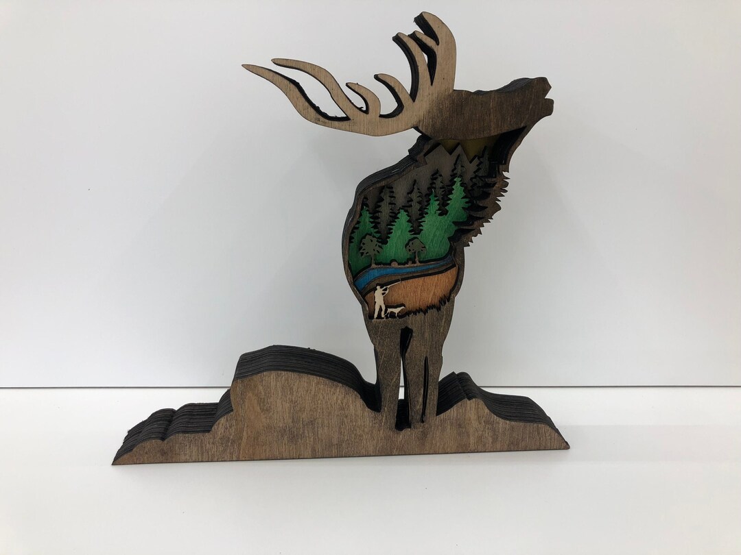 3D Stained Wood Elk Deer Scene With Mountain, Trees, Water, Hunter ...