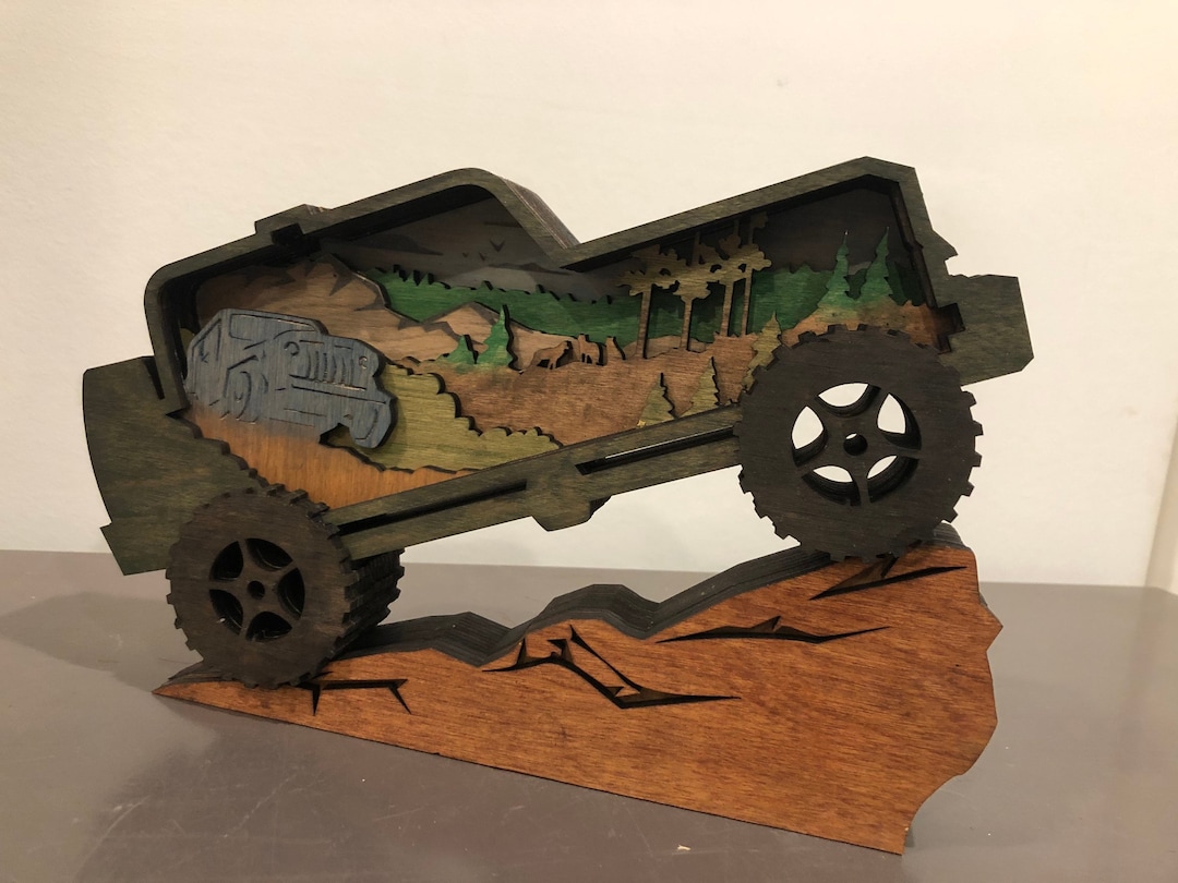 3D Stained Wood off Road Vehicle Scene With Mountain, Trees and Animals ...