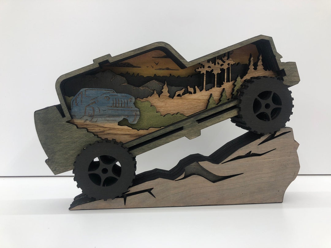 3D Stained Wood off Road Vehicle Scene With Mountain Trees - Etsy