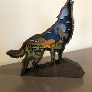 3D Stained Wood Howling Wolf Scene With Mountain, Trees and Moon Nested ...