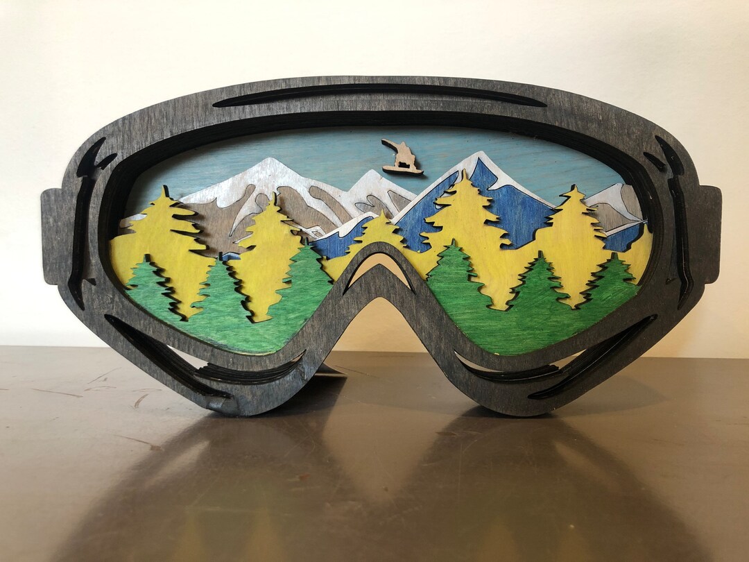 3D Stained Wood Snow Goggle Mountain Scene With Snowboarder Nested in a ...