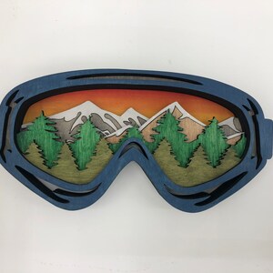 3D Stained Wood Snow Goggle Mountain Scene With Snowboarder Nested in a ...