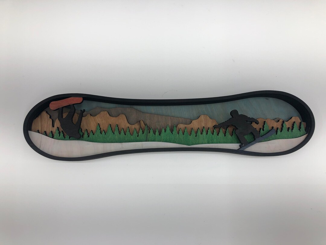 3D Stained Wood Snowboard Mountain Scene With Snowboarders Nested in a ...