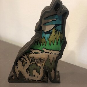 3D Stained Wood Howling Wolf Scene With Mountain, Trees and Moon Nested ...