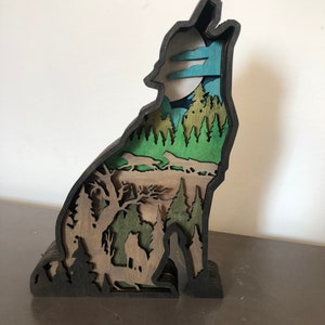 3D Stained Wood Howling Wolf Scene With Mountain, Trees and Moon Nested ...