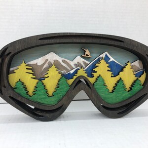 3D Stained Wood Snow Goggle Mountain Scene With Snowboarder Nested in a ...