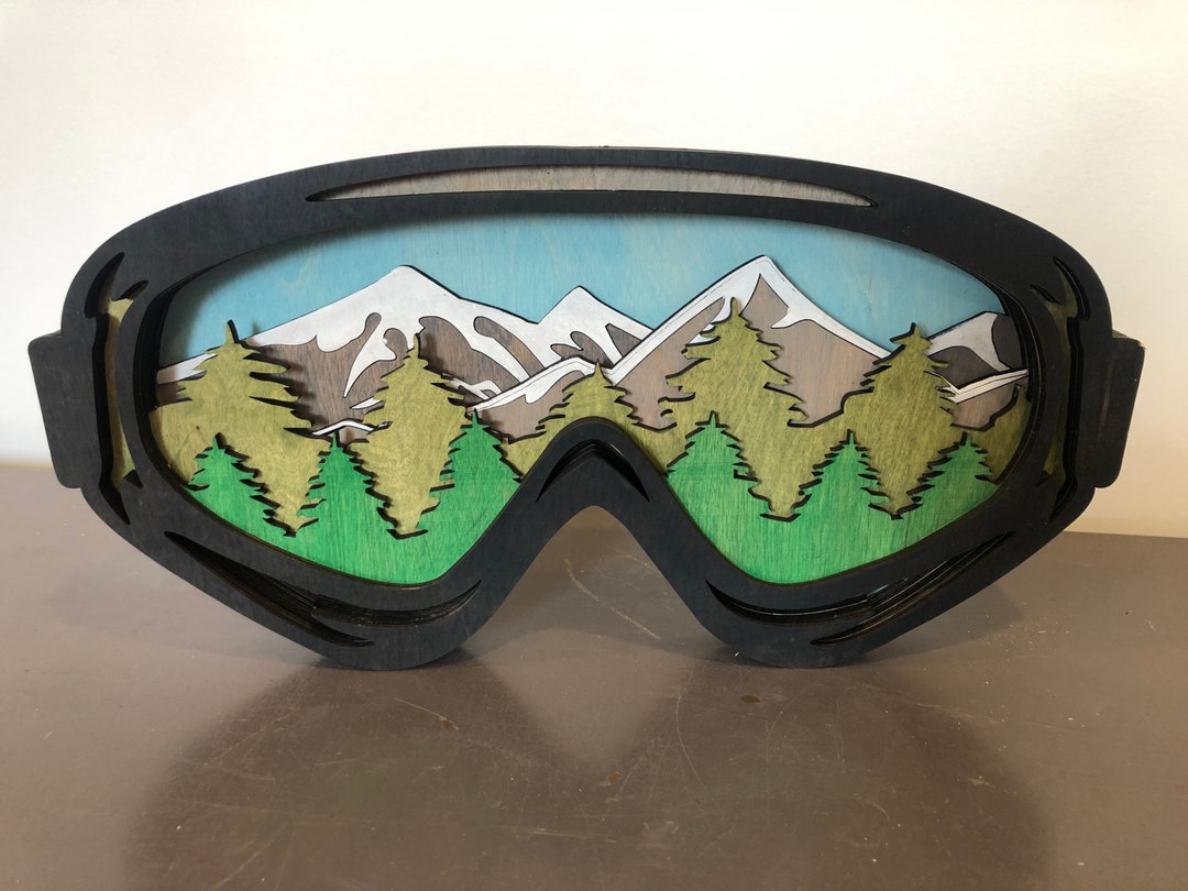 3D Stained Wood Snow Goggle Mountain Scene With Snowboarder Nested in a ...