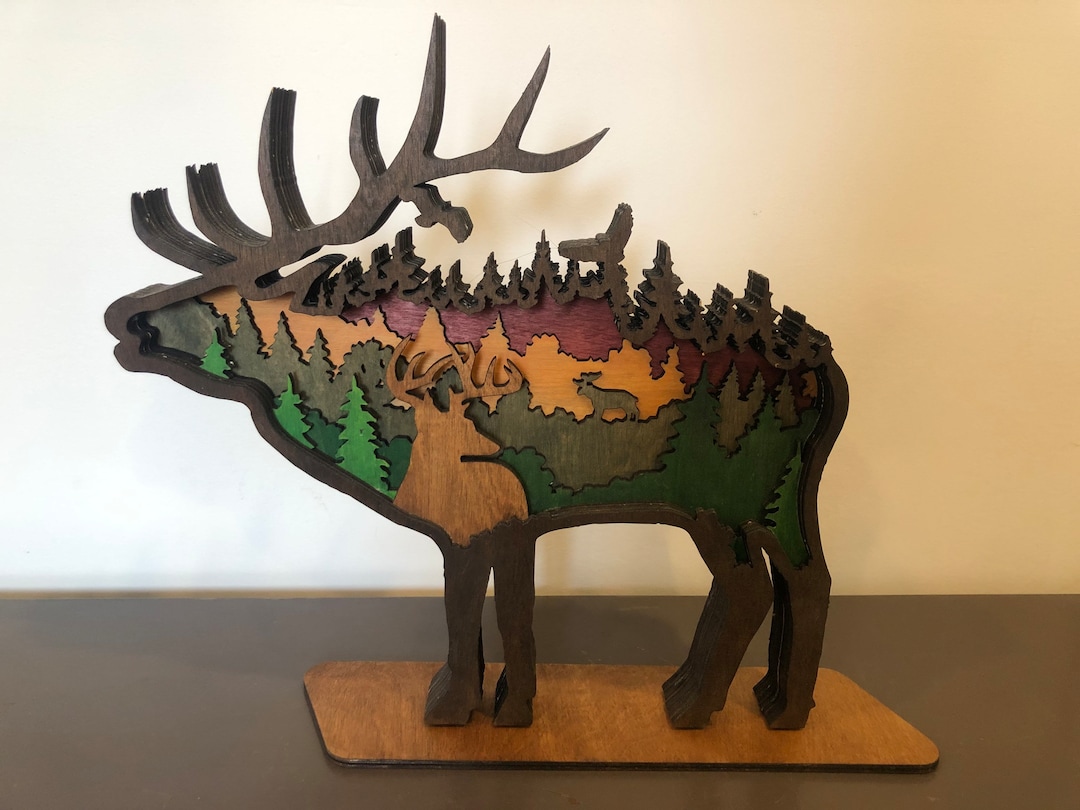 3D Stained Wood Elk Deer Scene With Trees Nested in a Multi Layered ...