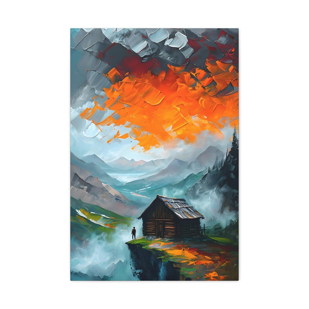 Canvas Painting, Mountain Cabin Sunset Art, Home Decor Wall Hanging ...