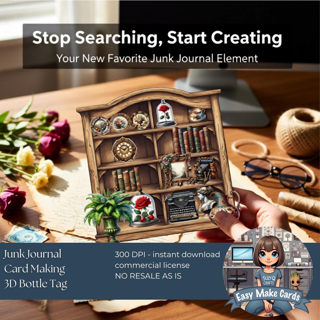 Printable Bookcase Junk Journal Element | Vintage Library Shelf ...