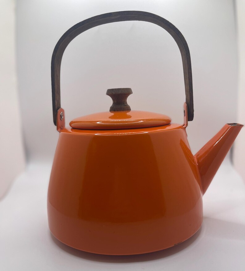 Retro Mid-mod Orange Teapot With Wooden Handle - Etsy