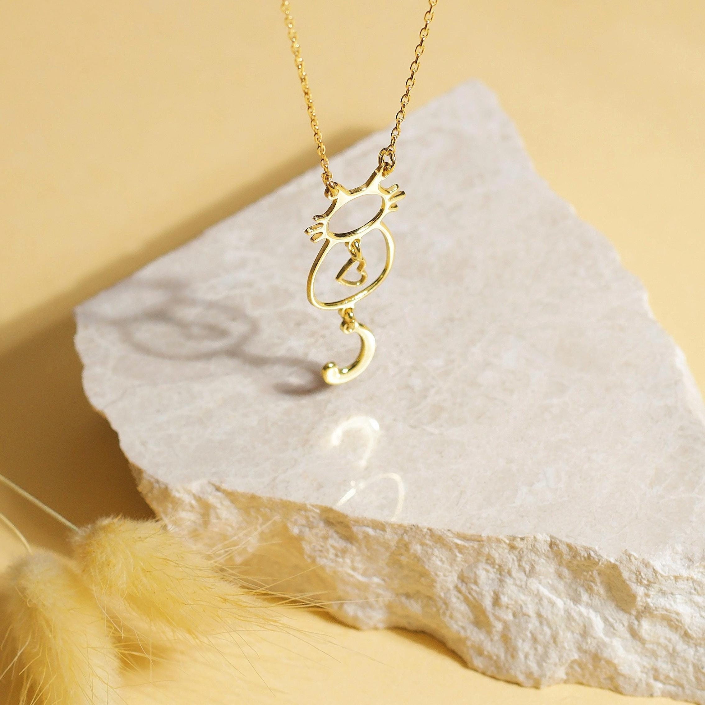 14K Gold Necklace, Cat Necklace, Personalized Cat Name Necklace, Cat ...