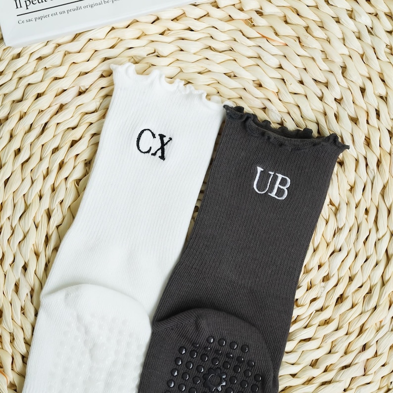 Custom Initial Ruffle Pilates Socks, Embroidered on Back Women Grip ...