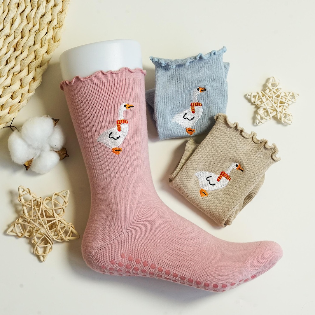 Embroidered Goose Pilates Grip Socks, Women's Yoga Non-slip Cotton ...