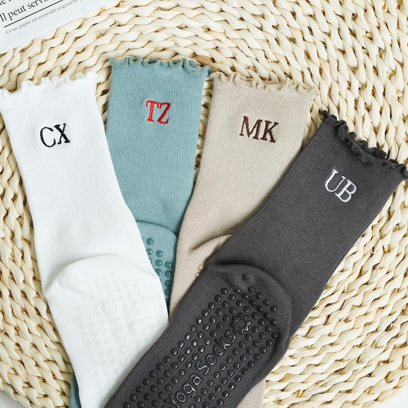 Custom Initial Ruffle Pilates Socks, Embroidered on Back Women Grip ...