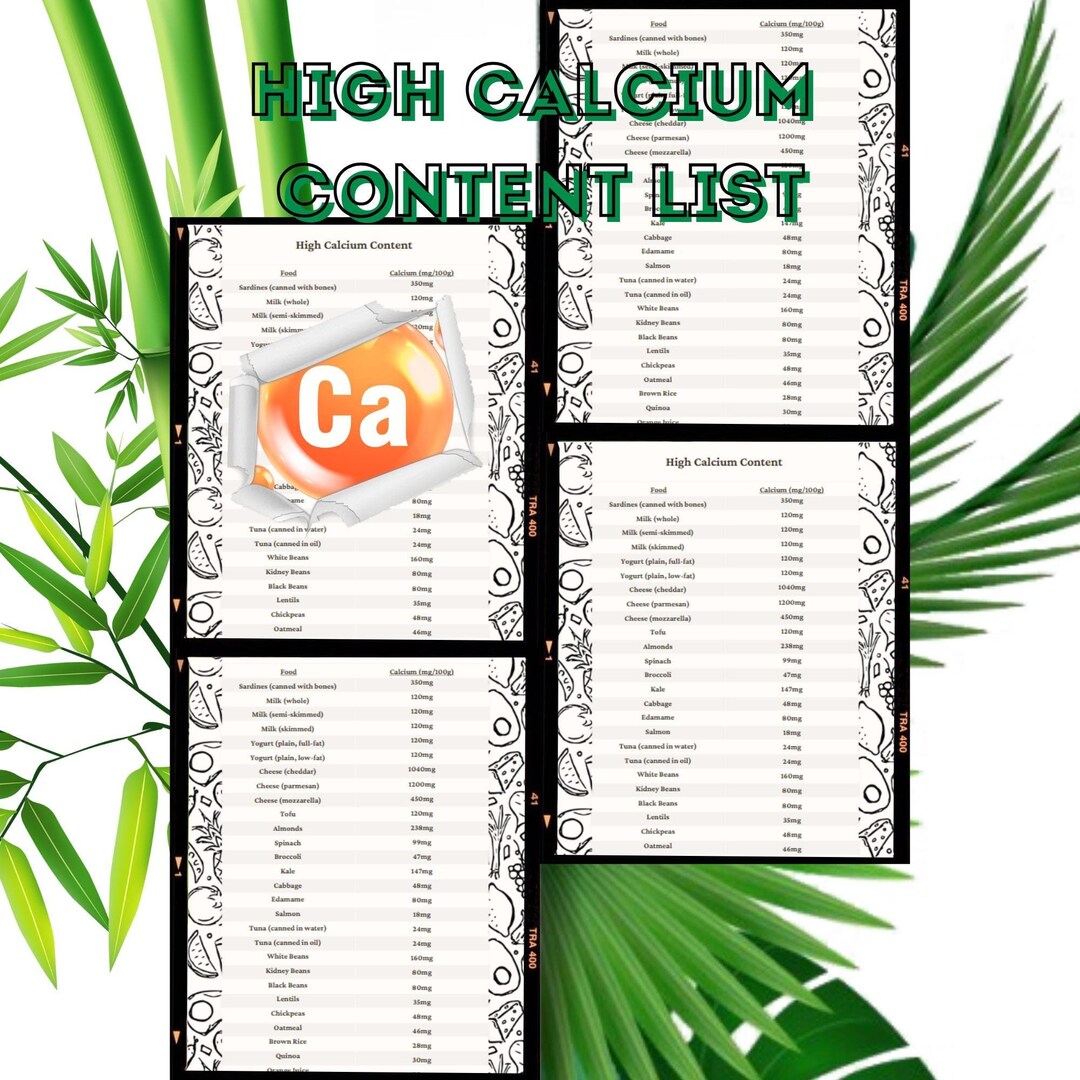 High Calcium Foods Reference Chart, 1 Page PDF PRINTABLE, Instant ...