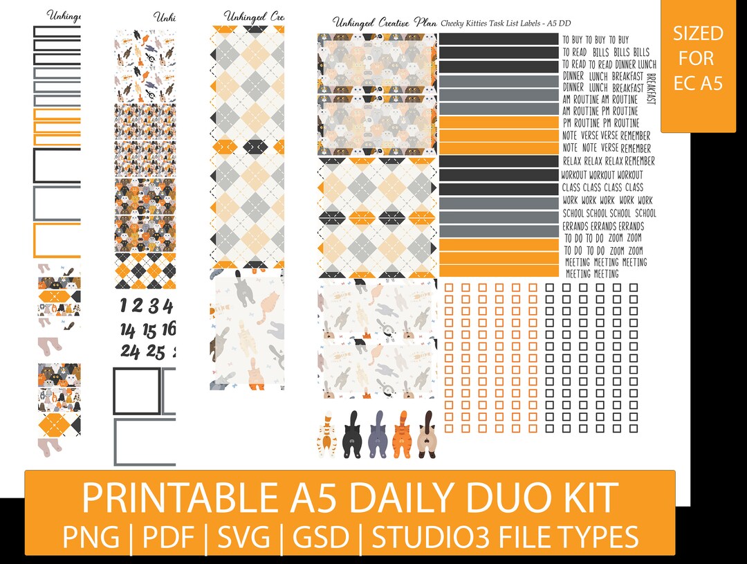 Cheeky Kitties Print & Cut Sticker Kit for EC A5 Daily Duo Erin Condren ...